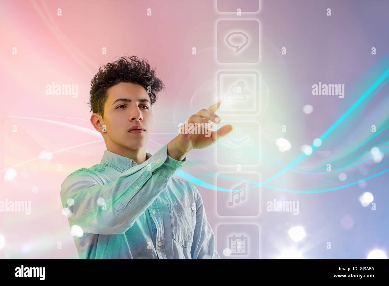 Young man using transparent touch screen Stock Photo - Alamy