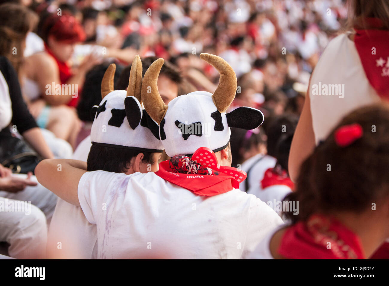 Famous bull running through streets of Pamplona,Spain.July festival ...