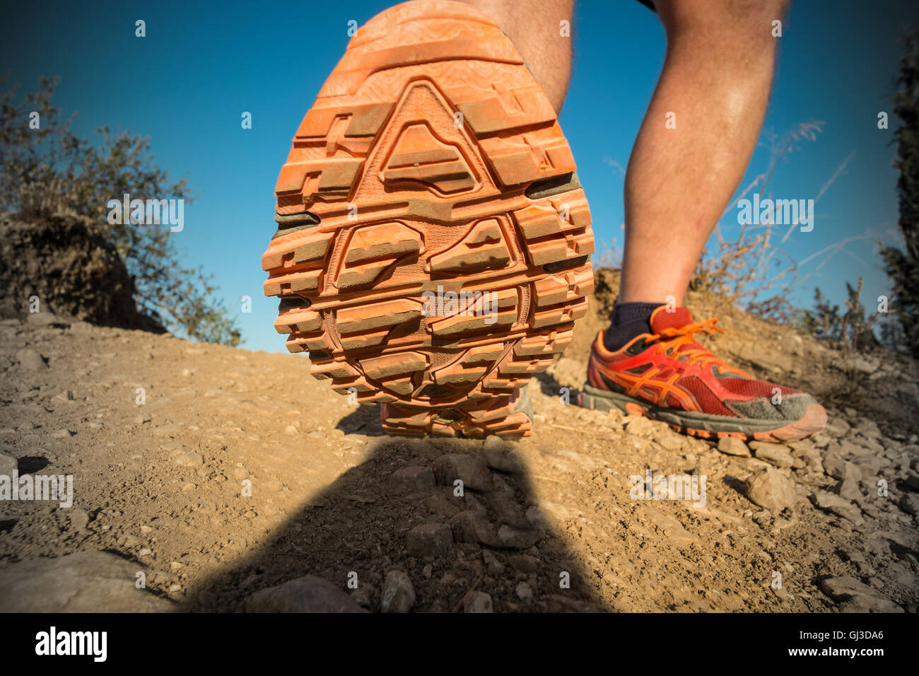 Low angle viewpoint take of the soles of a cross country runner Stock ...