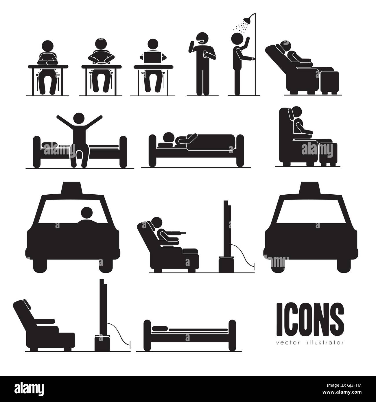 Illustration of silhouettes of humans in everyday activities vec Stock ...
