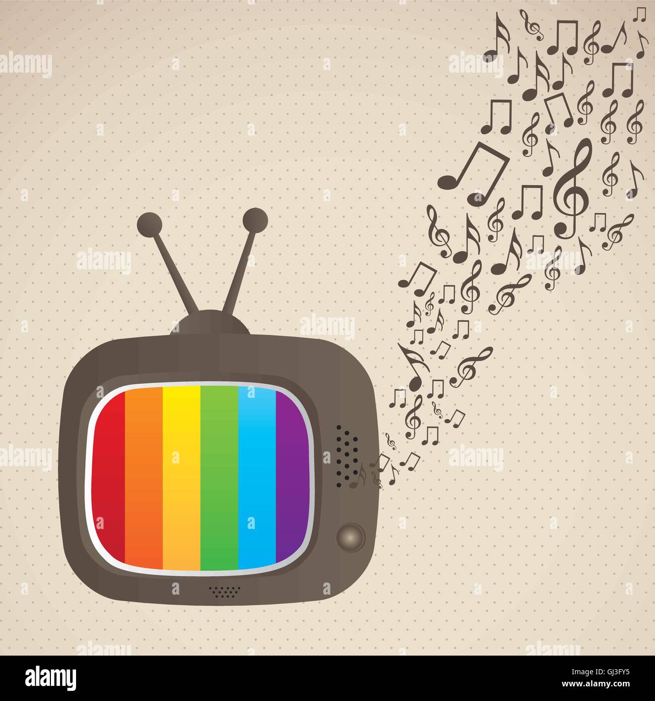 illustration of classic television with musical notes coming out Stock ...