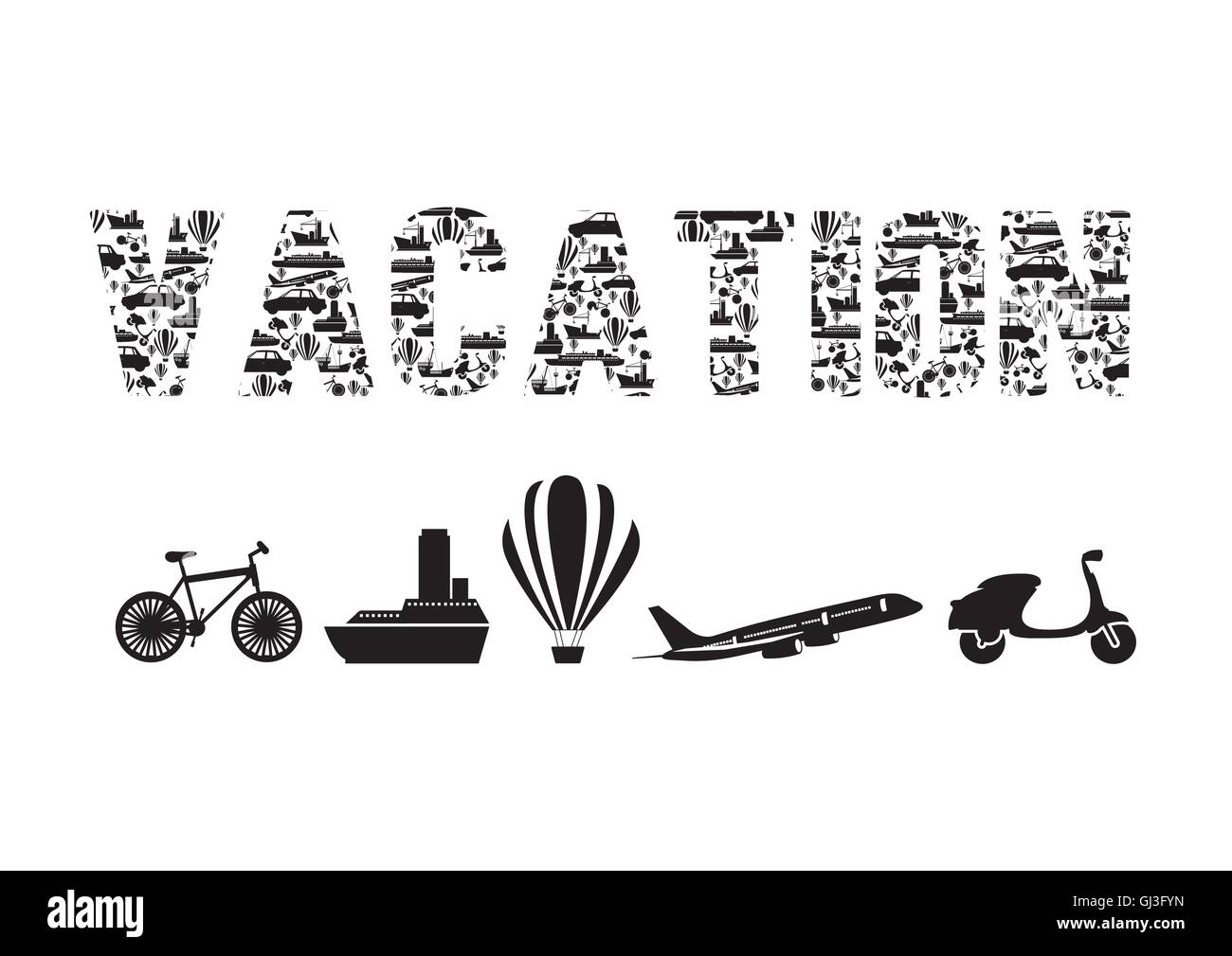 Illustration of the word vacation formed with transportation ico Stock ...
