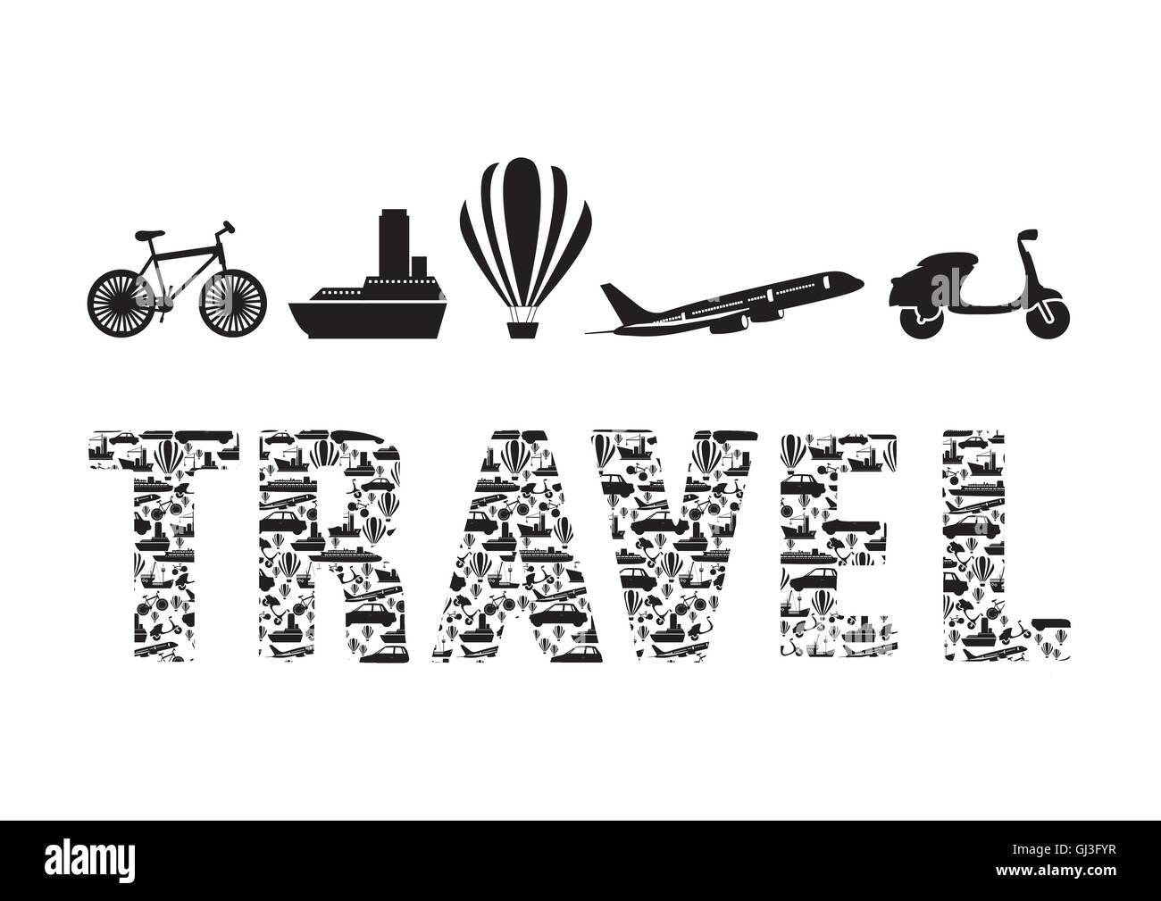 Illustration of the word travel formed with transportation icons Stock ...