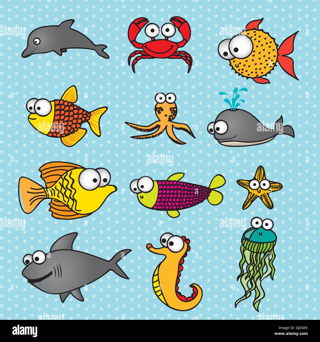 illustration of Fish Drawings aquatic and sea animals vector ill Stock ...
