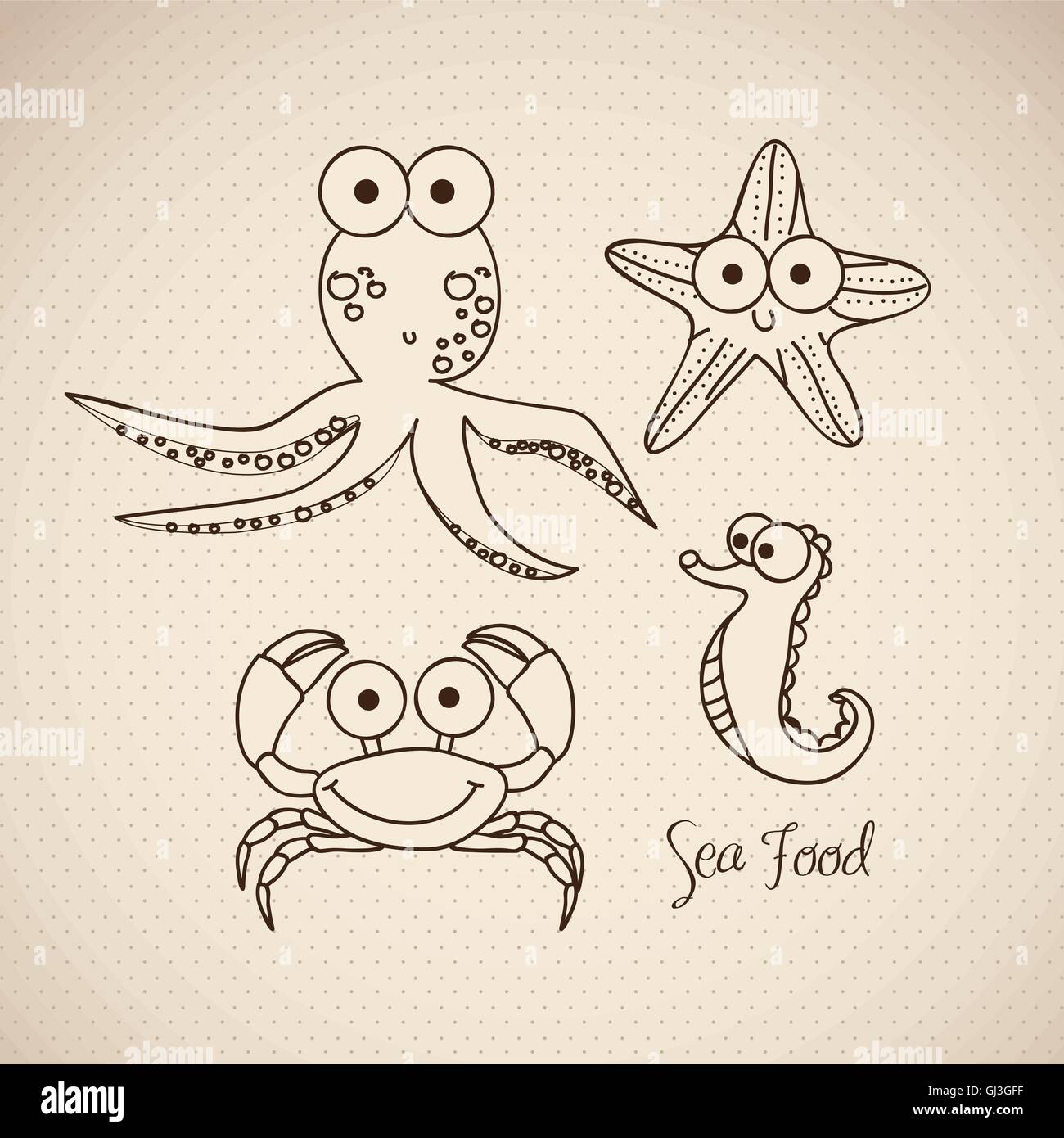 illustration of crab starfish fish and sea horse fish Drawings a Stock ...