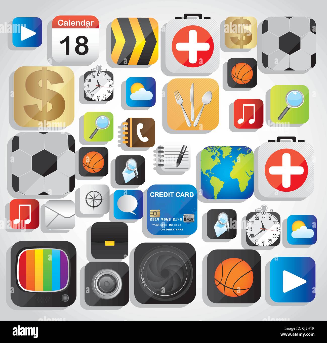 Illustration of application icons in colored squares vector illu Stock ...