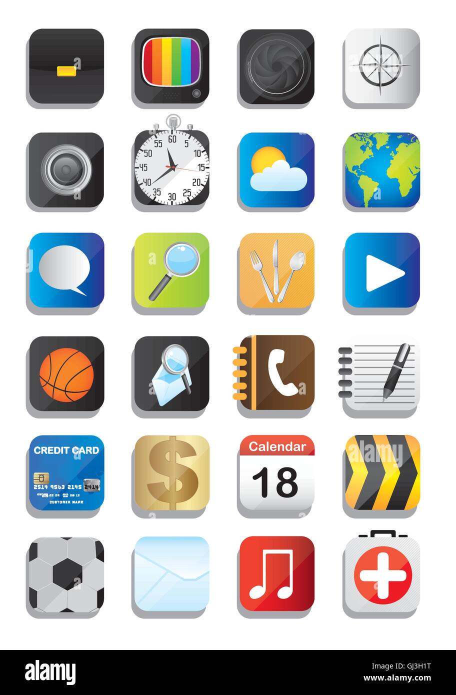 Illustration of application icons in colored squares vector illu Stock ...