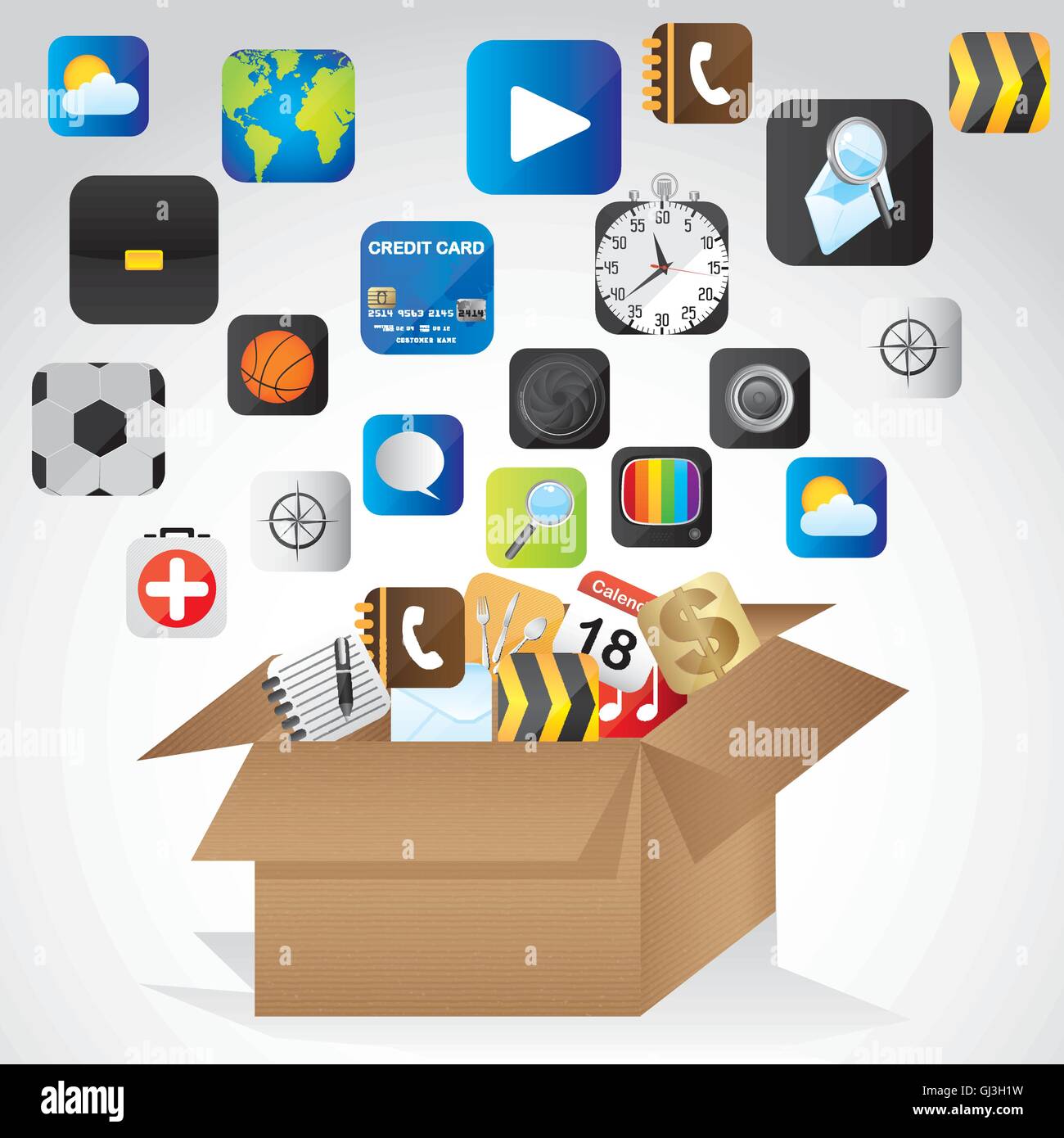 Illustration of application icons in colored squares vector illu Stock ...