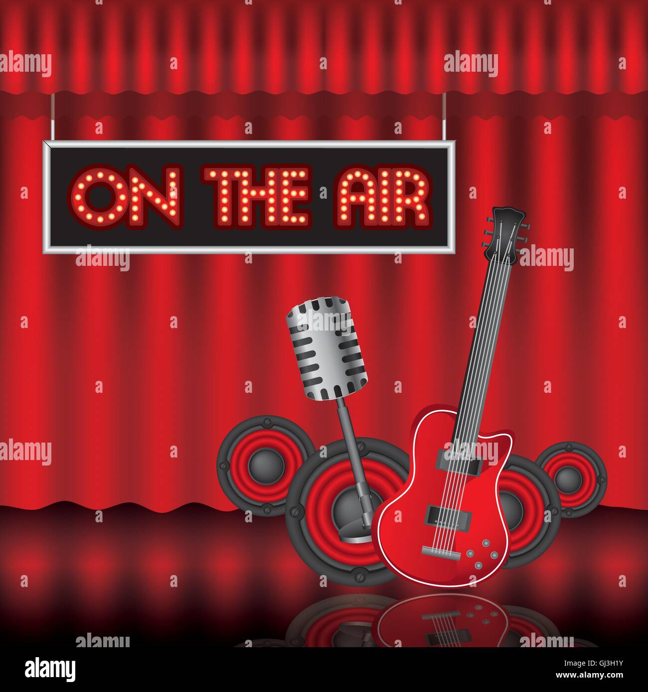 Illustration of showbiz lettered sign with bulbs and red curtain Stock ...