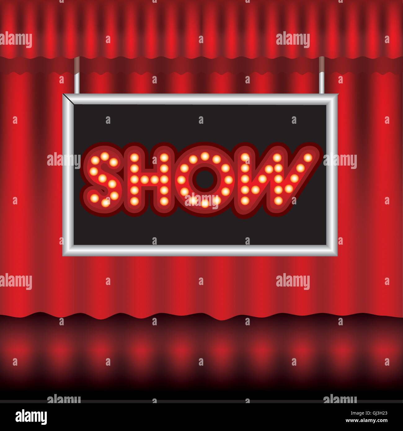 Illustration of showbiz lettered sign with bulbs and red curtain Stock ...