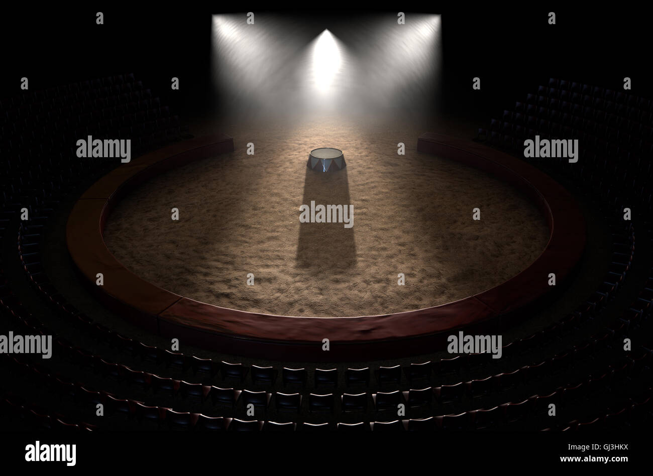 A 3D render of a classic circus arena and an empty ringmasters podium ...