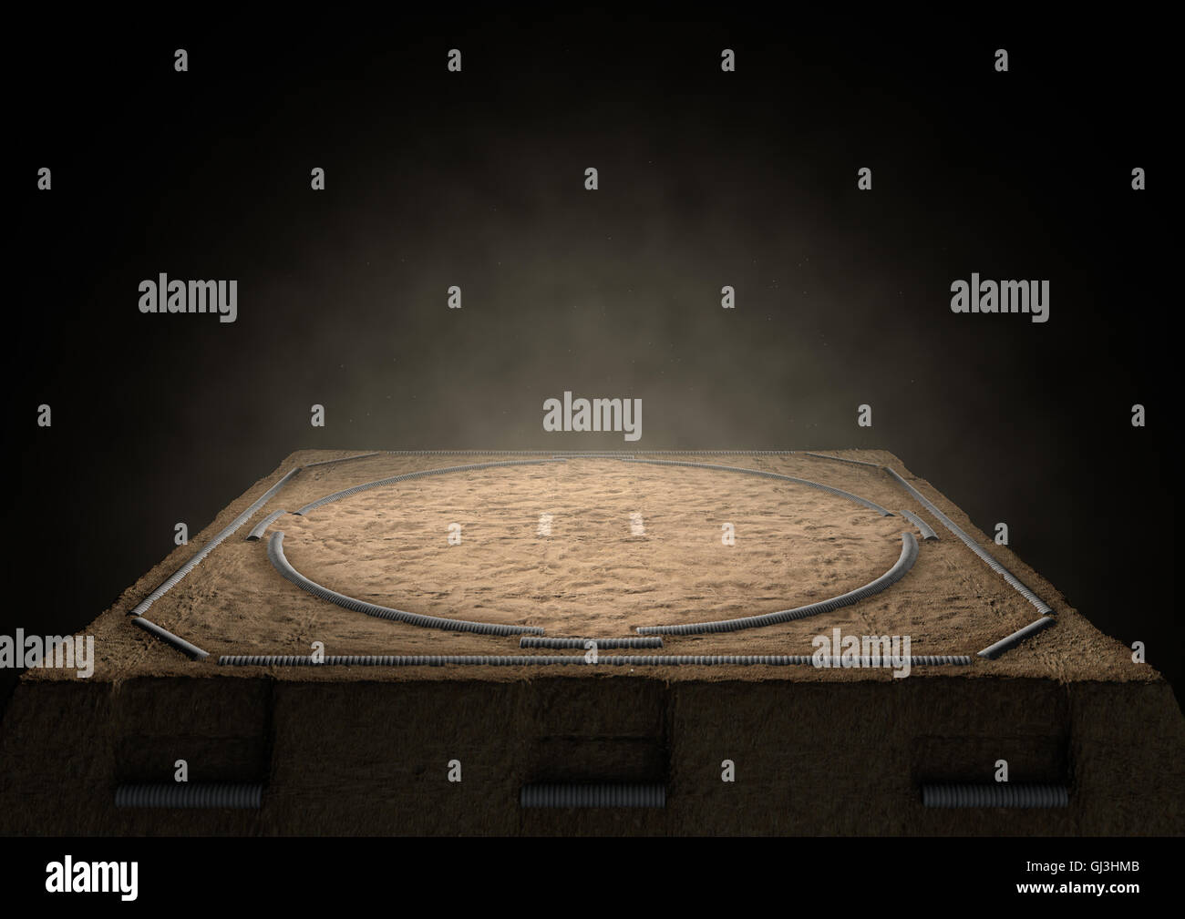 A 3D render of an empty traditional sumo wrestling ring made with sand ...