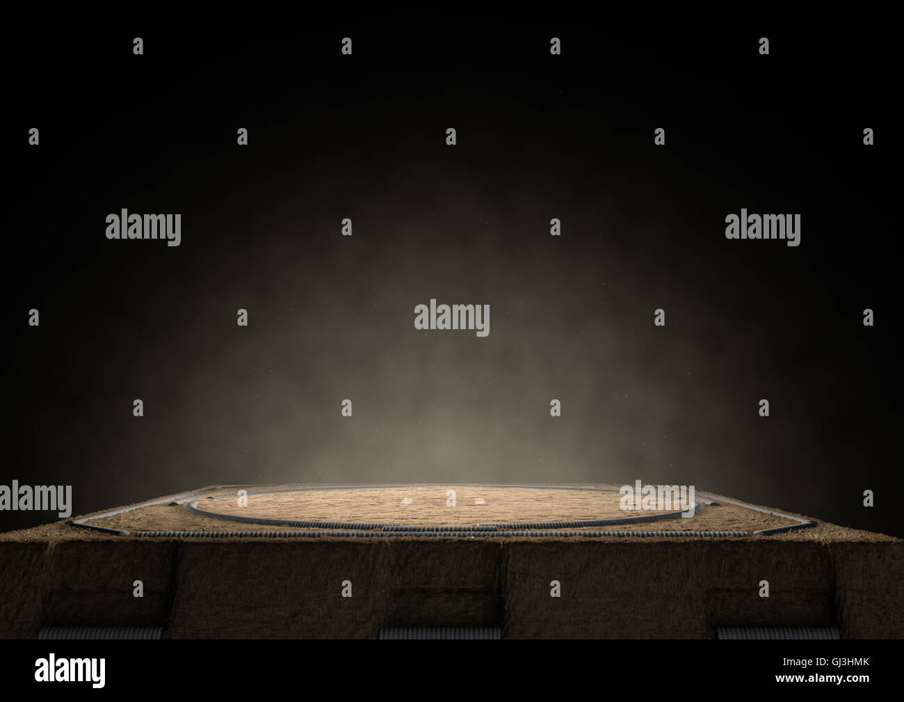 A 3D render of an empty traditional sumo wrestling ring made with sand ...