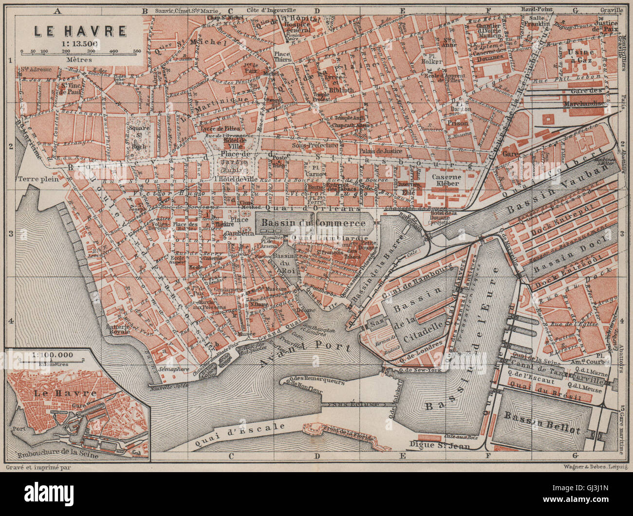 LE HAVRE antique town city plan de la ville. Seine-Maritime carte, 1910 ...
