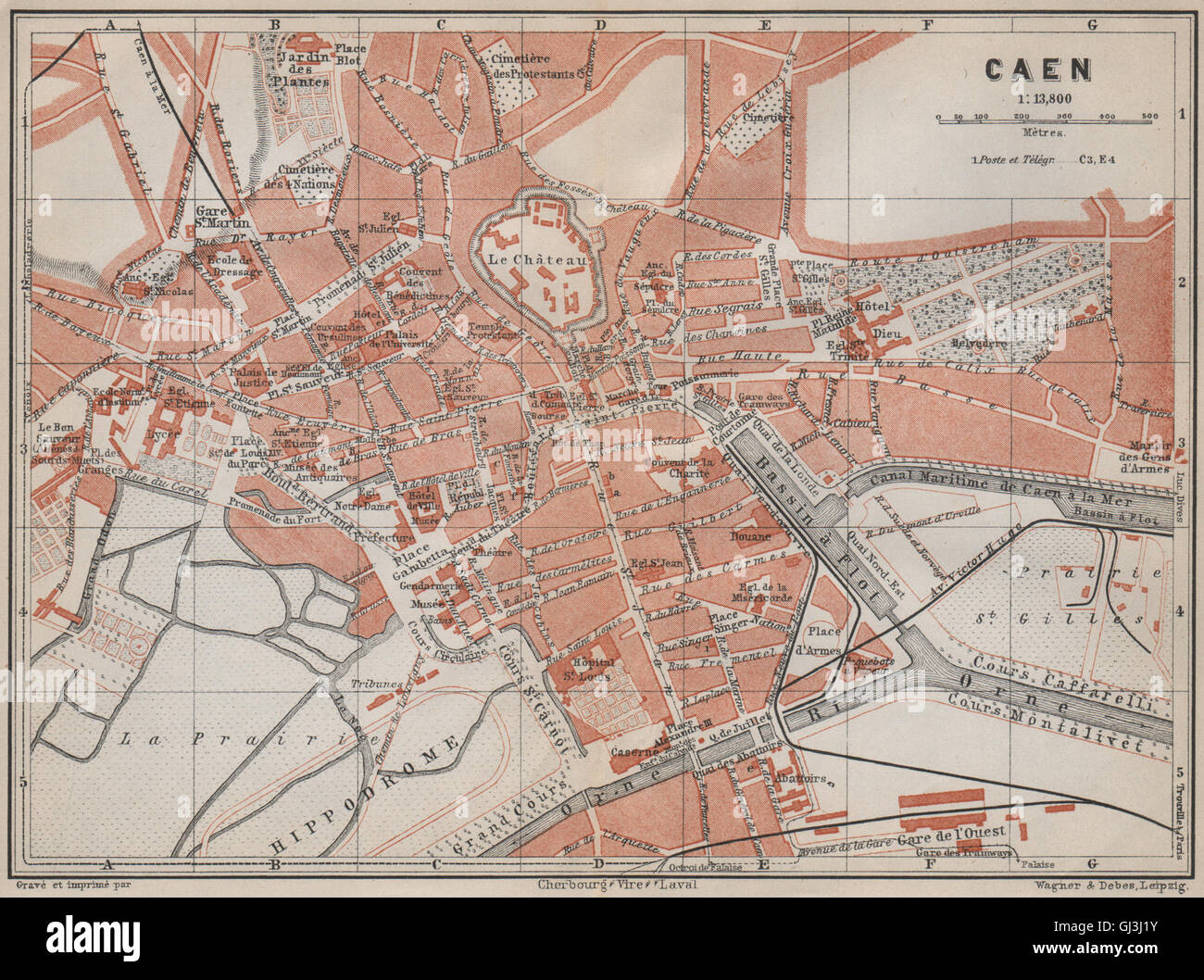 CAEN antique town city plan de la ville. Calvados carte. BAEDEKER, 1910 ...