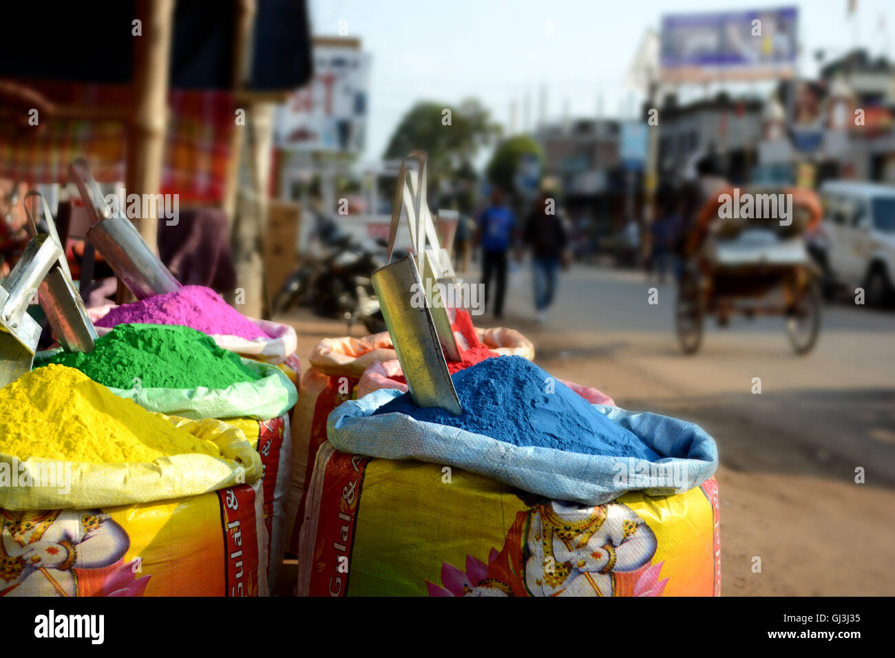 Color festival of India. Colorful powder in the market for selling ...