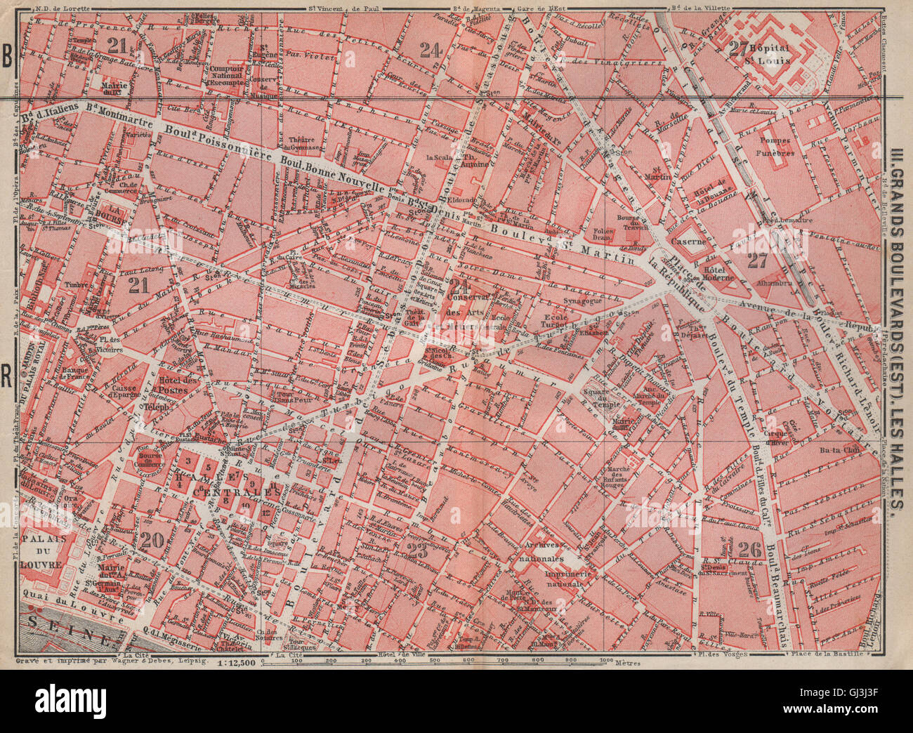 GRANDS BOULEVARDS LES HALLES MARAIS town city plan. Paris 1e 2e 3e 10e ...
