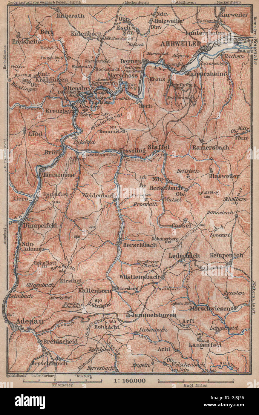 AHR & ADENAUER BACH VALLEYS. Ahrweiler Altenahr topo-map. Germany, 1896 ...