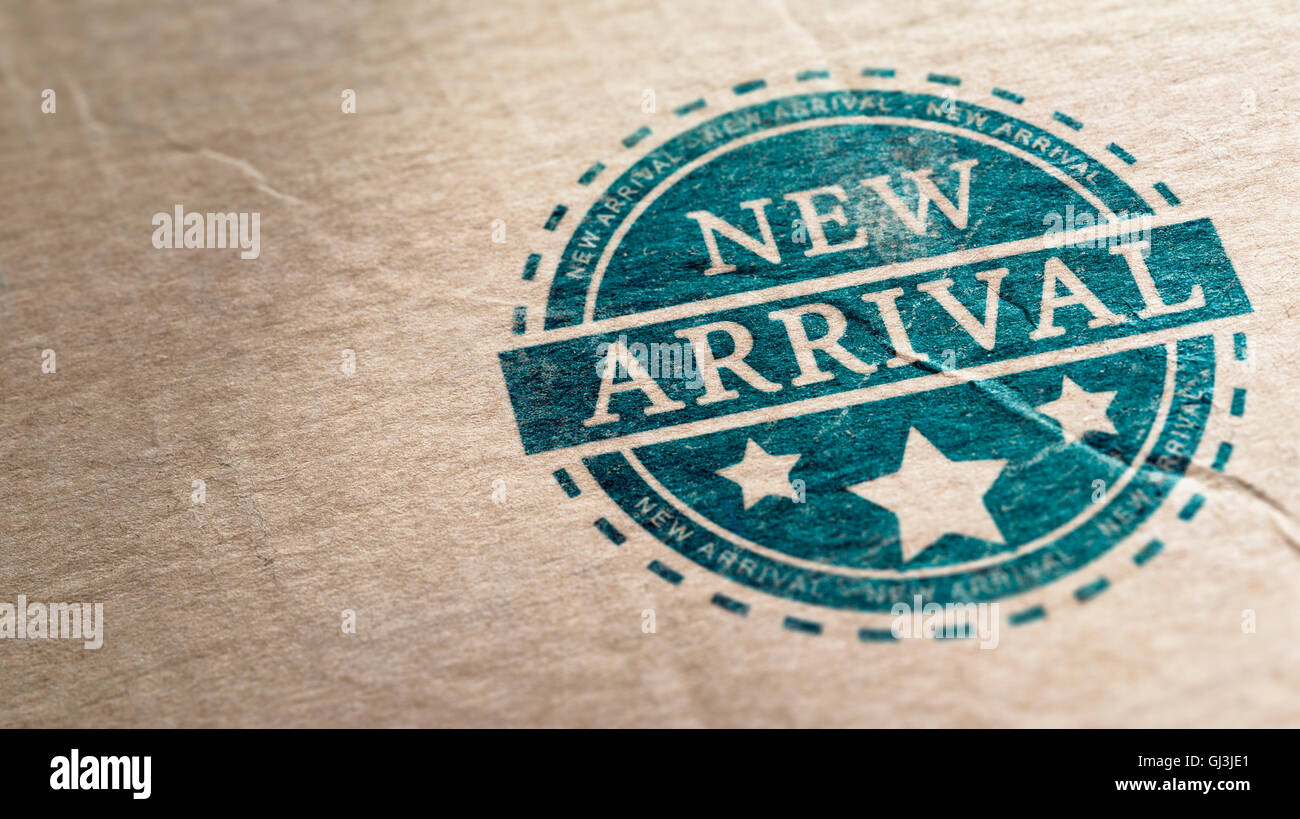 New arrival stamp over a cardboard background, horizontal image Stock ...