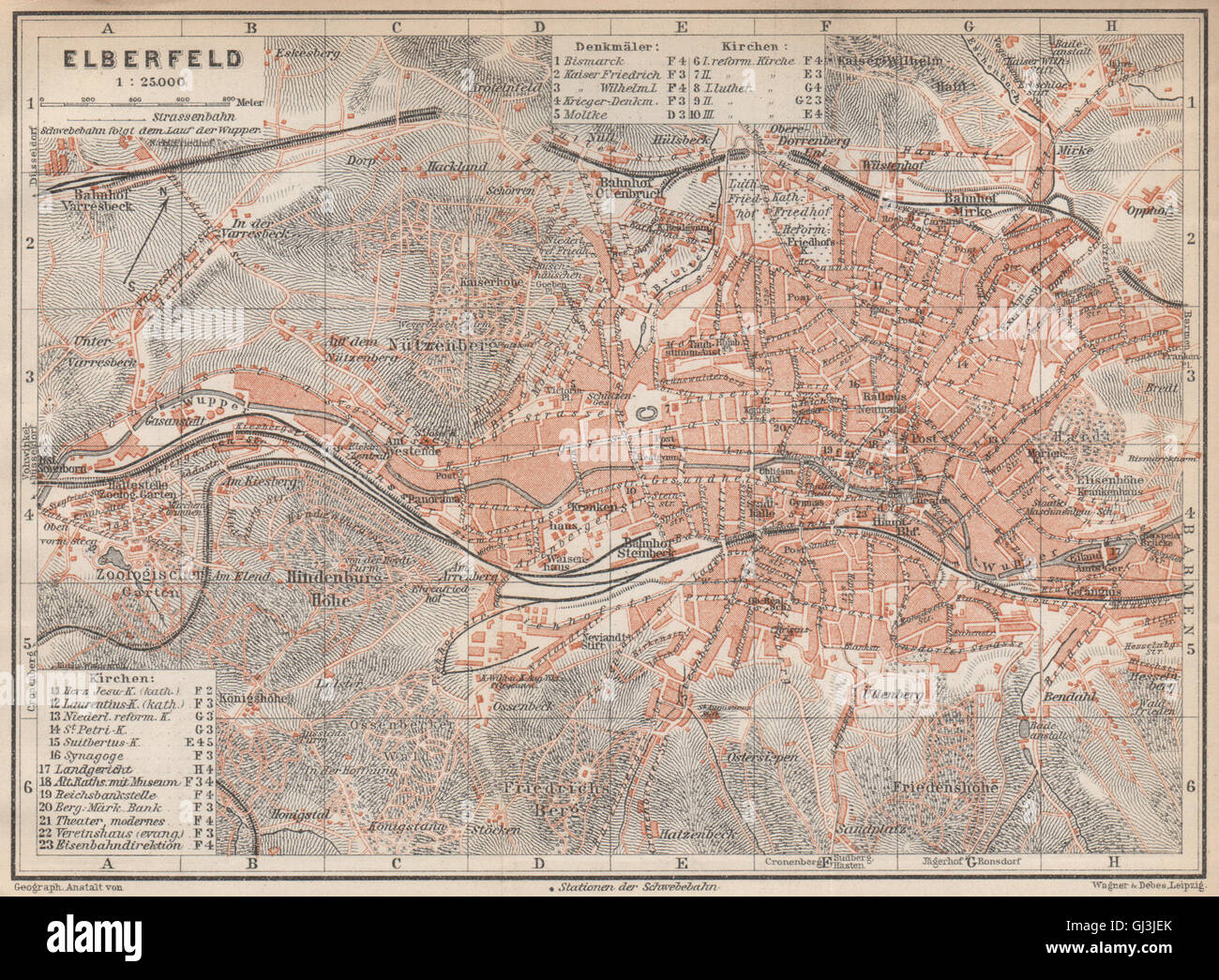 ELBERFELD / WUPPERTAL vintage town city stadtplan. Germany karte, 1926 ...