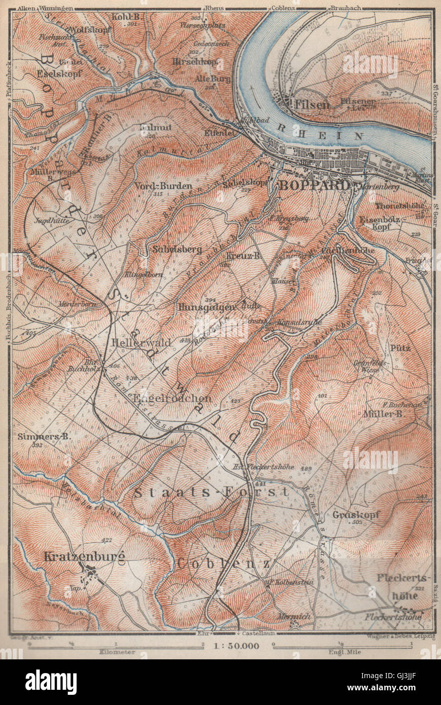 BOPPARDER STADTWALD environs. Oberes Mittelrheintal. Rhine Gorge karte ...