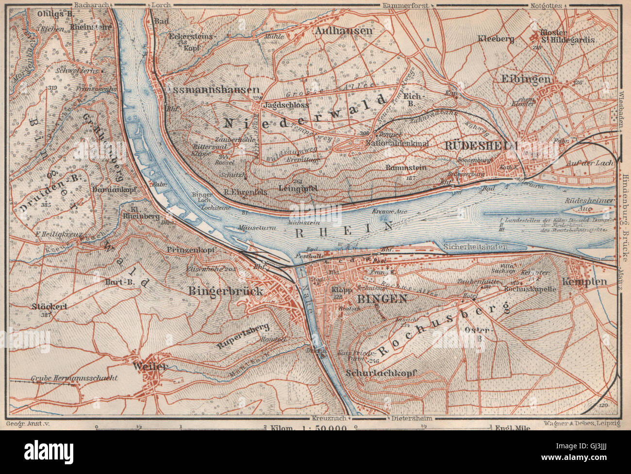 RÜDESHEIM BINGEN. Niederwald. Oberes Mittelrheintal. Rhine Gorge karte ...
