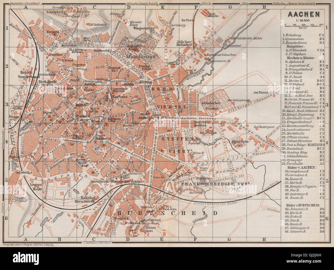 AACHEN town city stadtplan. Northrhine-Westfalia. Aix-la-Chapelle, 1889 ...