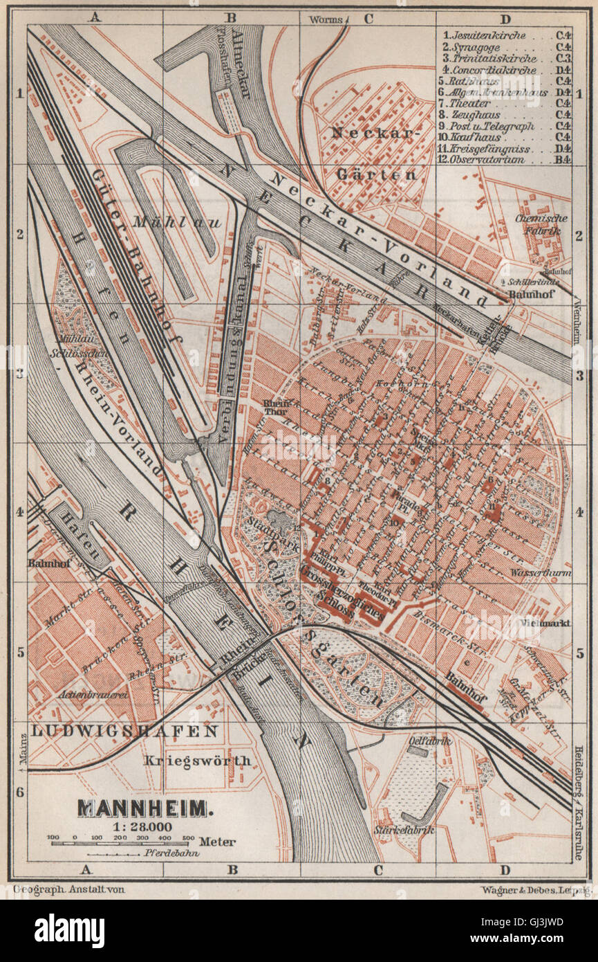 MANNHEIM antique town city stadtplan. Baden-Württemberg karte, 1889 old ...