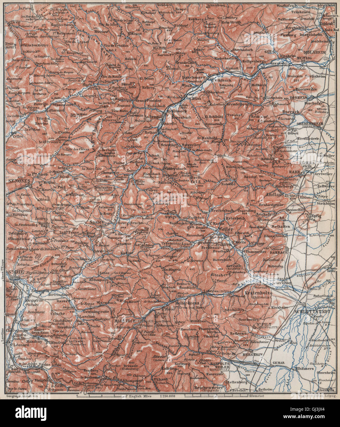 CENTRAL VOSGES MOUNTAINS. St Die Schlettstadt Molsheim carte. BAEDEKER ...
