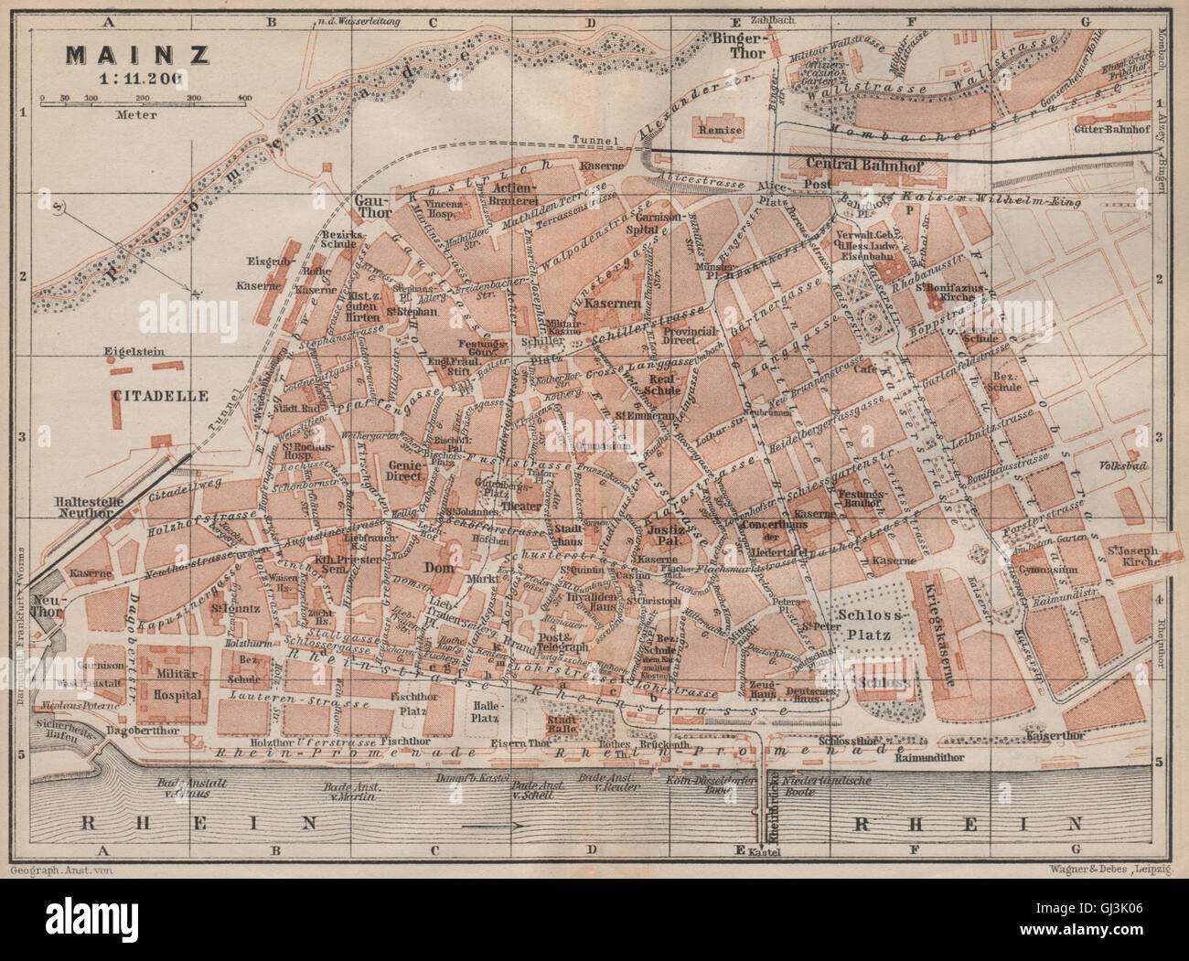MAINZ antique town city stadtplan. Rhineland-Palatinate. Mayence karte ...