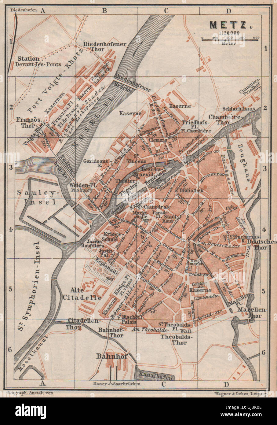 METZ antique town city stadtplan. Moselle carte. BAEDEKER, 1892 antique ...