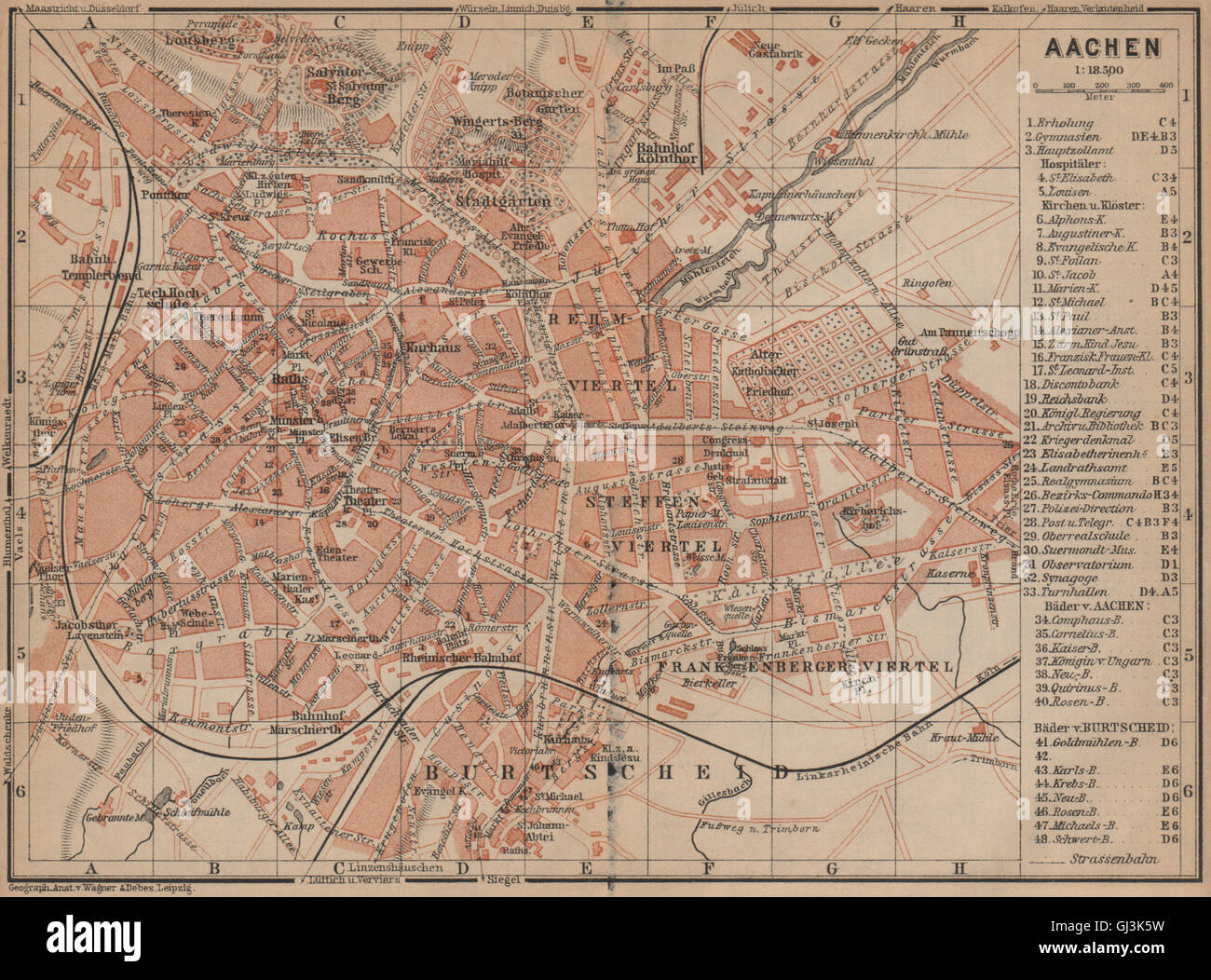 AACHEN town city stadtplan. Northrhine-Westfalia. Aix-la-Chapelle, 1903 ...