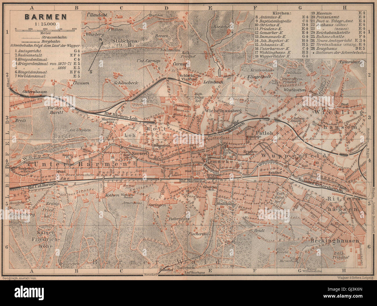 BARMEN / WUPPERTAL antique town city stadtplan. Germany karte, 1903 old ...
