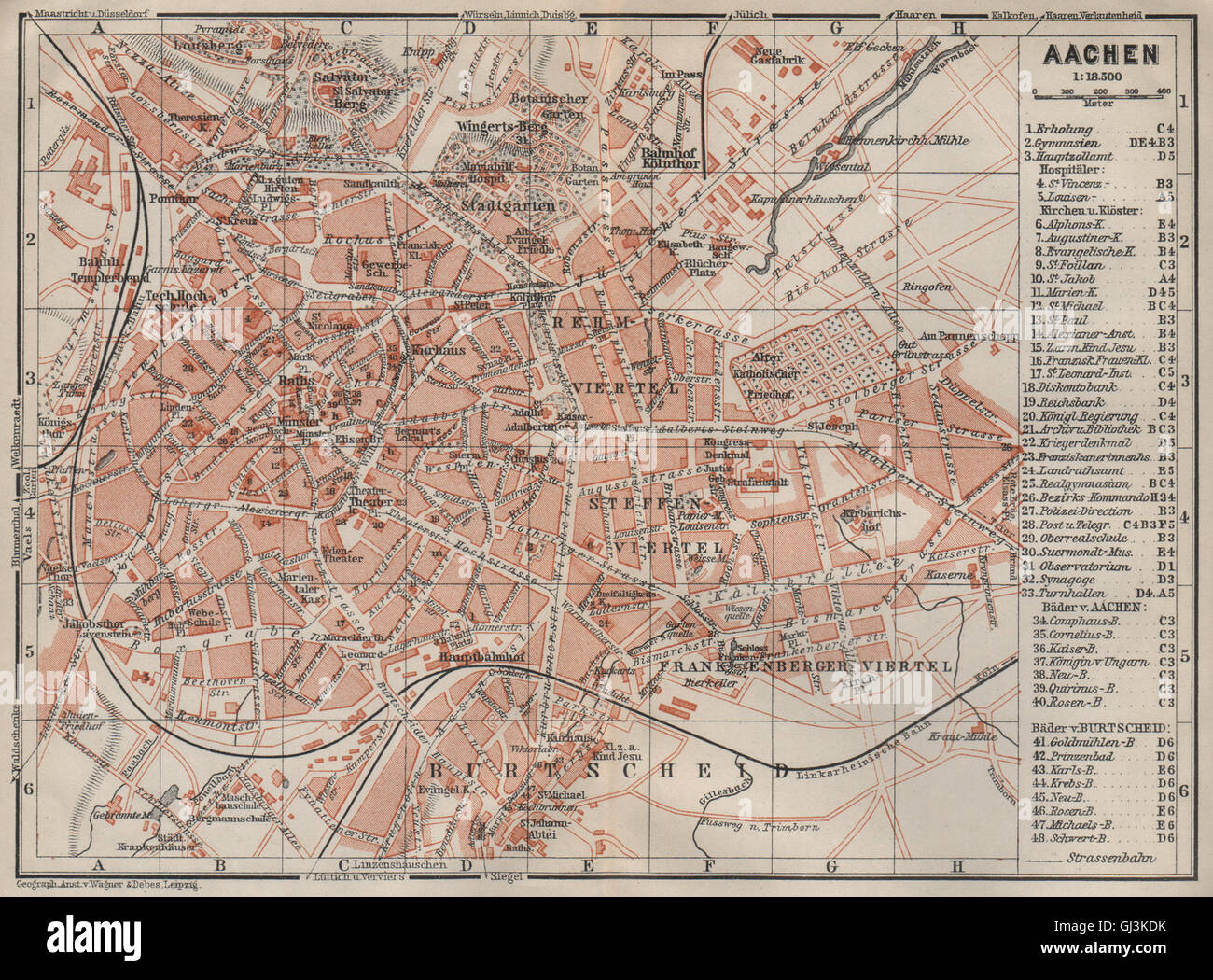 AACHEN town city stadtplan. Northrhine-Westfalia. Aix-la-Chapelle, 1906 ...