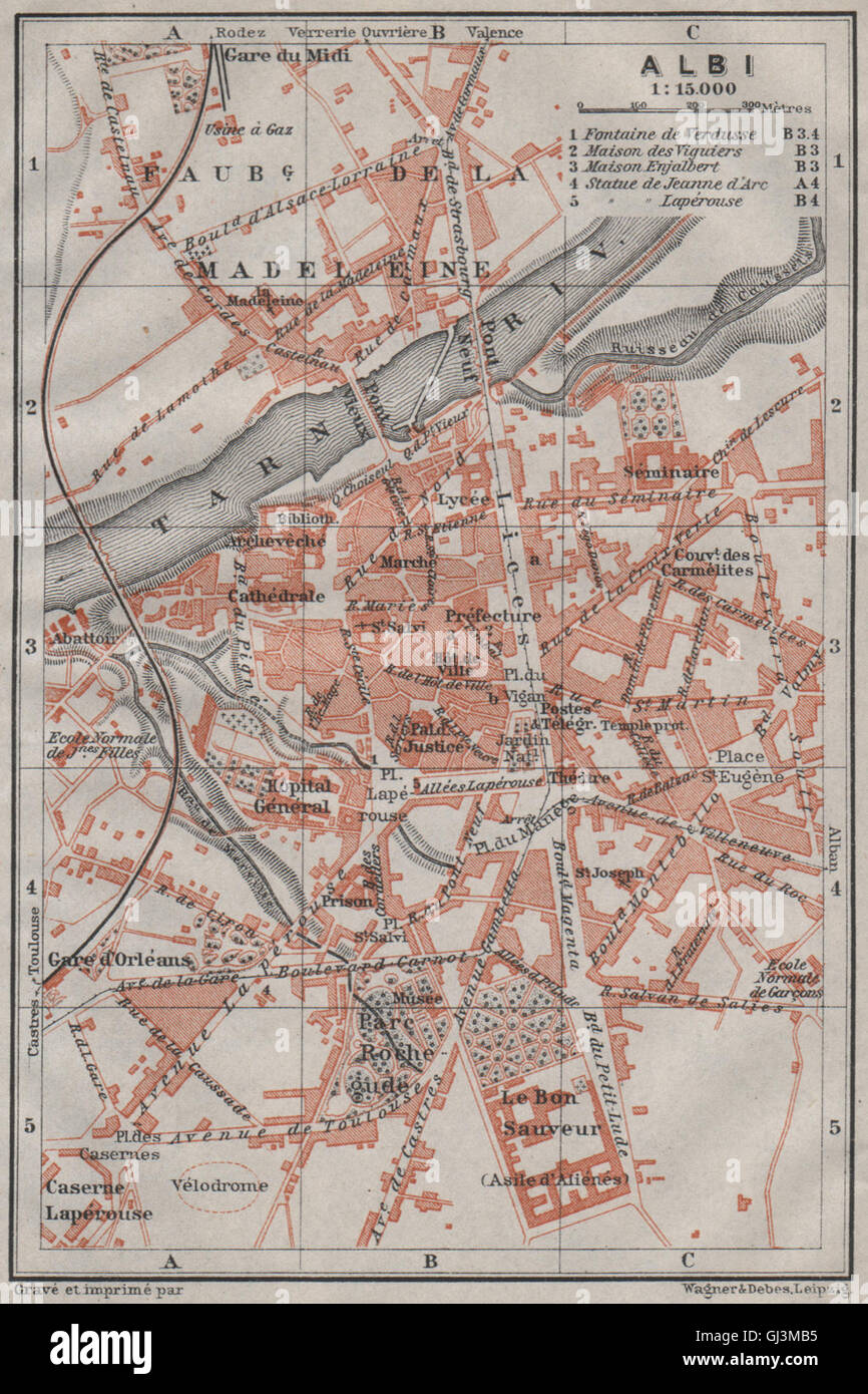 ALBI antique town city plan de la ville. Tarn carte. BAEDEKER, 1907 old ...
