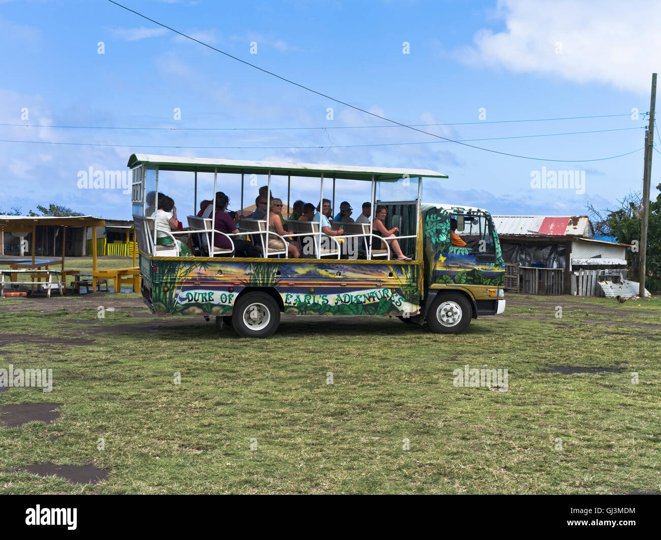 dh cruise ship excursion ST KITTS CARIBBEAN Tourist taxi open air bus ...