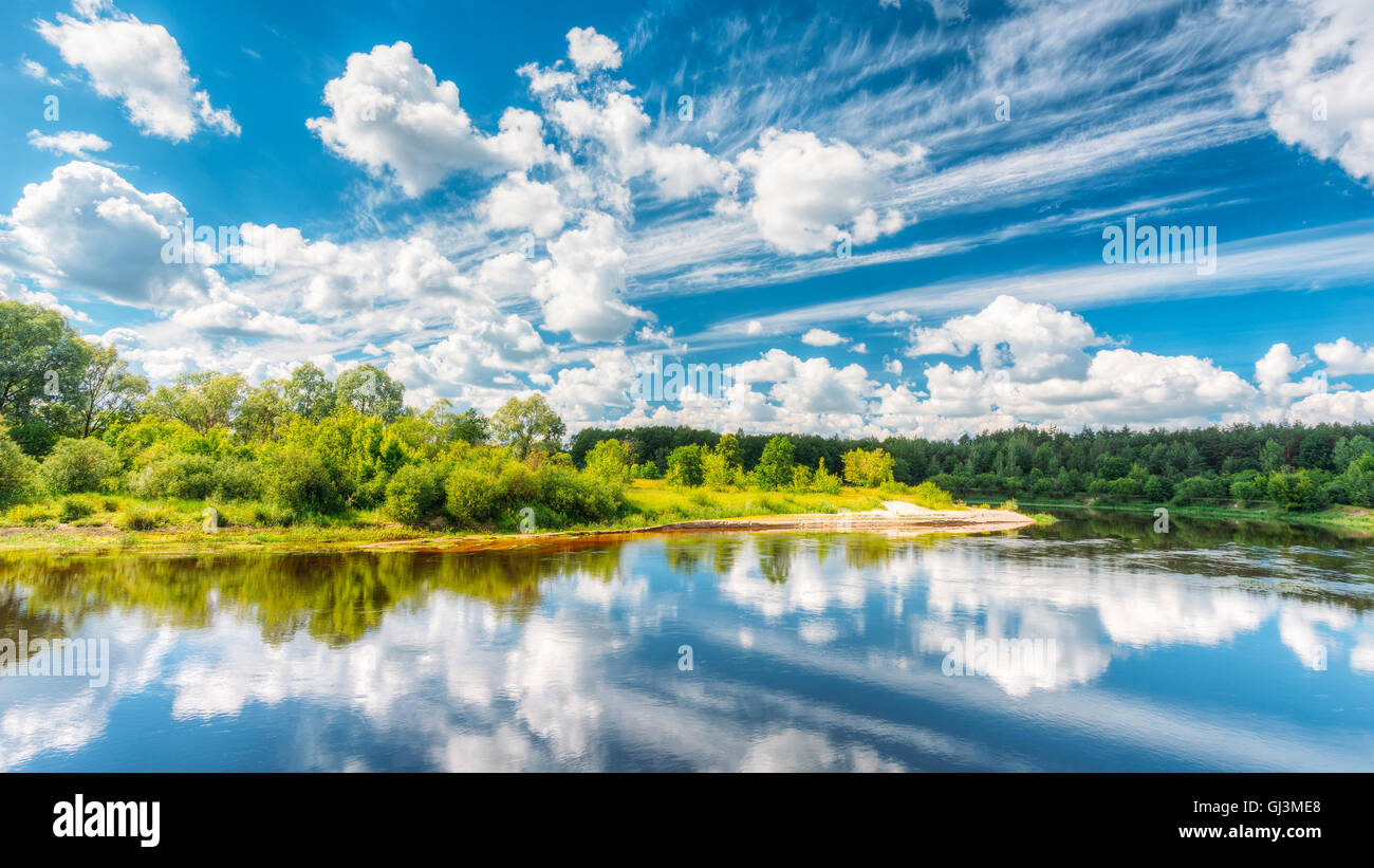 River Panoramic Landscape With Reflections Of Clouds And Woods In Water ...