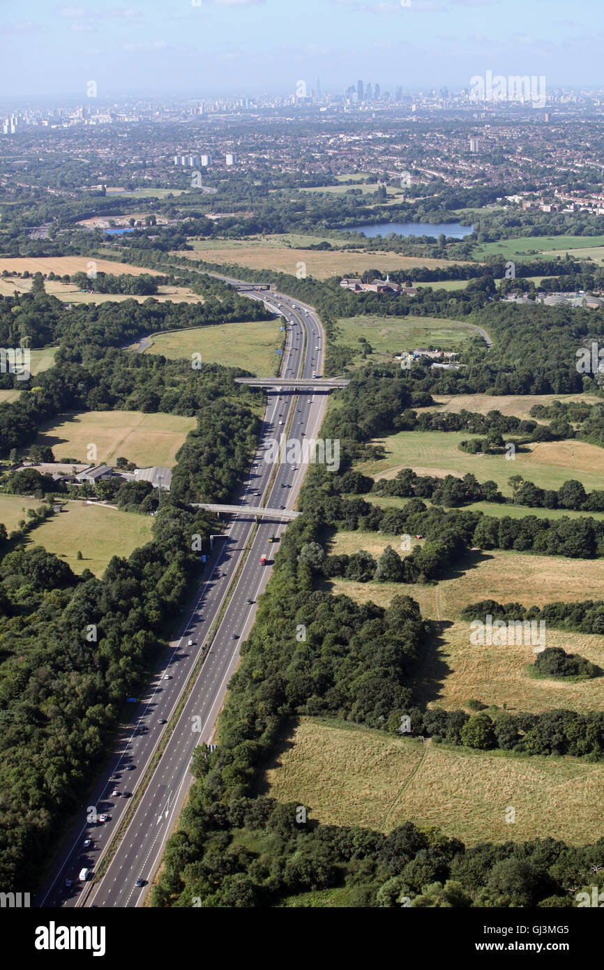 aerial view of the M11 motorway as it heads south towards London, UK ...
