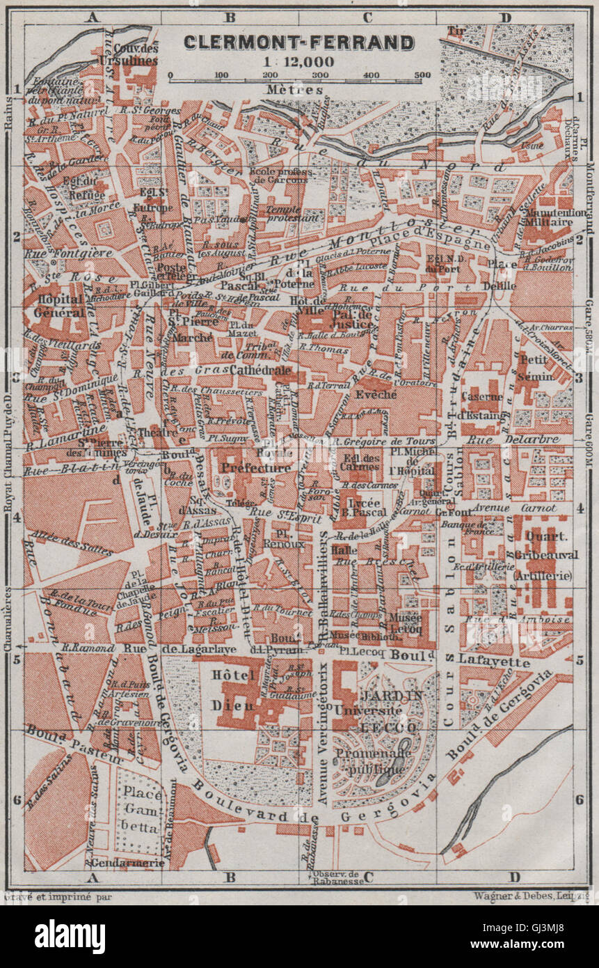 CLERMONT-FERRAND antique town city plan de la ville. Puy-de-Dôme carte ...