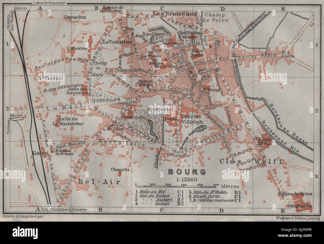 BOURG-EN-BRESSE antique town city plan de la ville. Ain carte, 1907 old ...