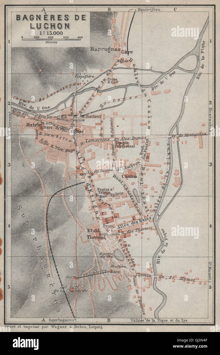 BAGNÈRES DE LUCHON town city plan de la ville. Haute-Garonne carte ...