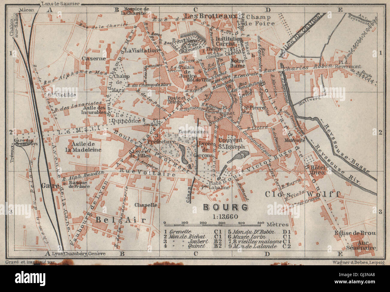 BOURG-EN-BRESSE antique town city plan de la ville. Ain carte, 1914 old ...