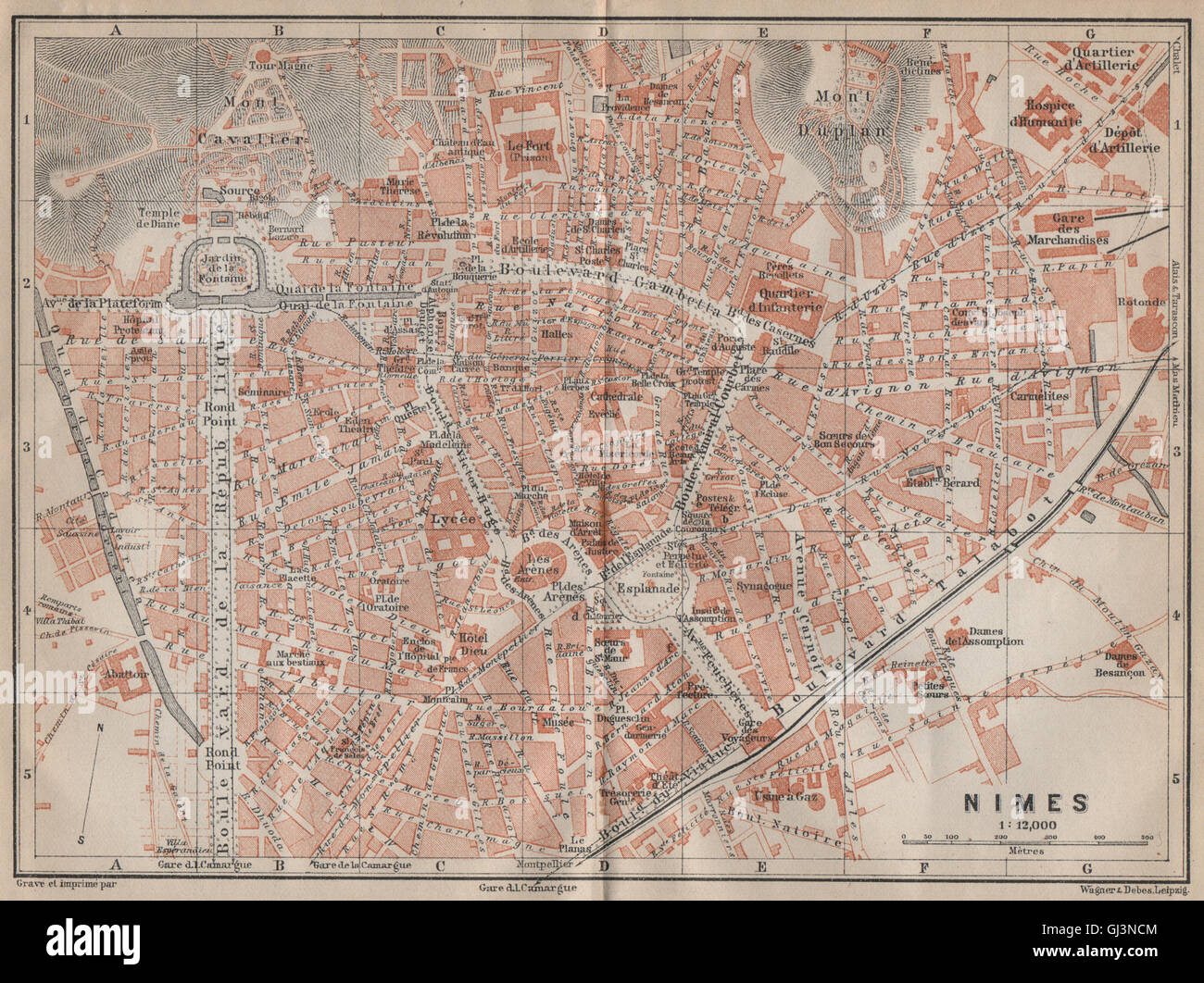 NIMES antique town city plan de la ville. Gard. Nîmes carte. BAEDEKER ...