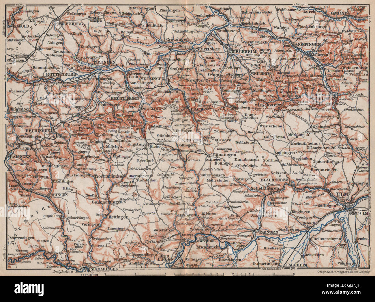 SCHWÄBISCHE ALB. Swabian Jura topo-map. Ulm Rottenburg Gmünd Kirchheim ...