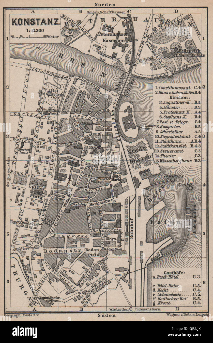 CONSTANCE. KONSTANZ. town city stadtplan. Germany karte. BAEDEKER, 1895 ...