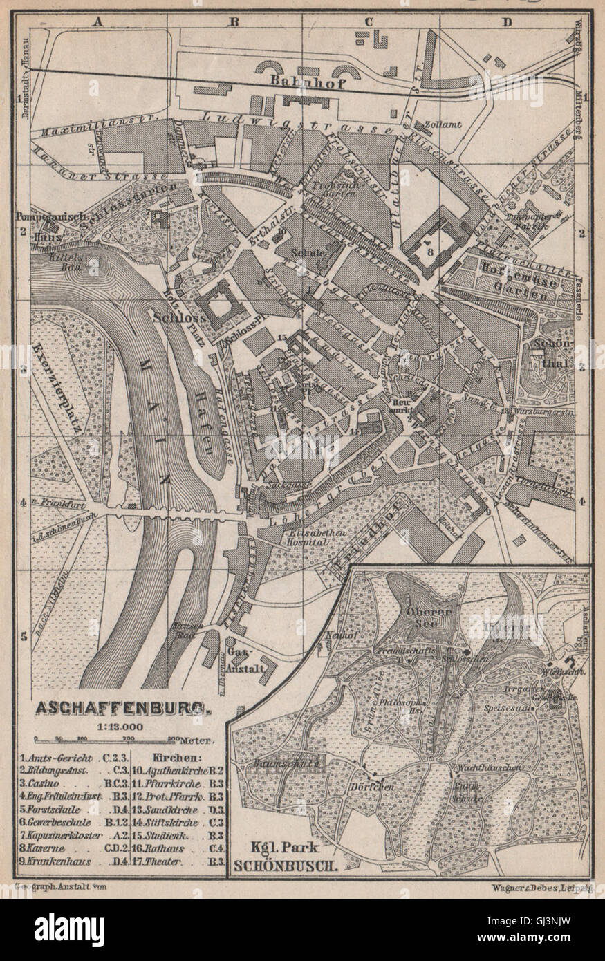 ASCHAFFENBURG antique town city stadtplan. Schönbusch. Bavaria karte ...