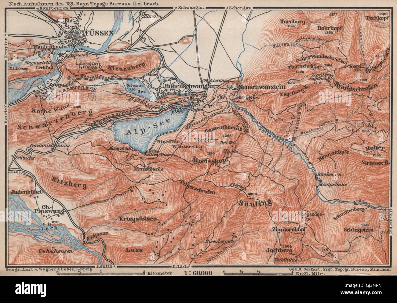 HOHENSCHWANGAU & FÜSSEN environs. Alpsee Deutschland Österreich karte ...