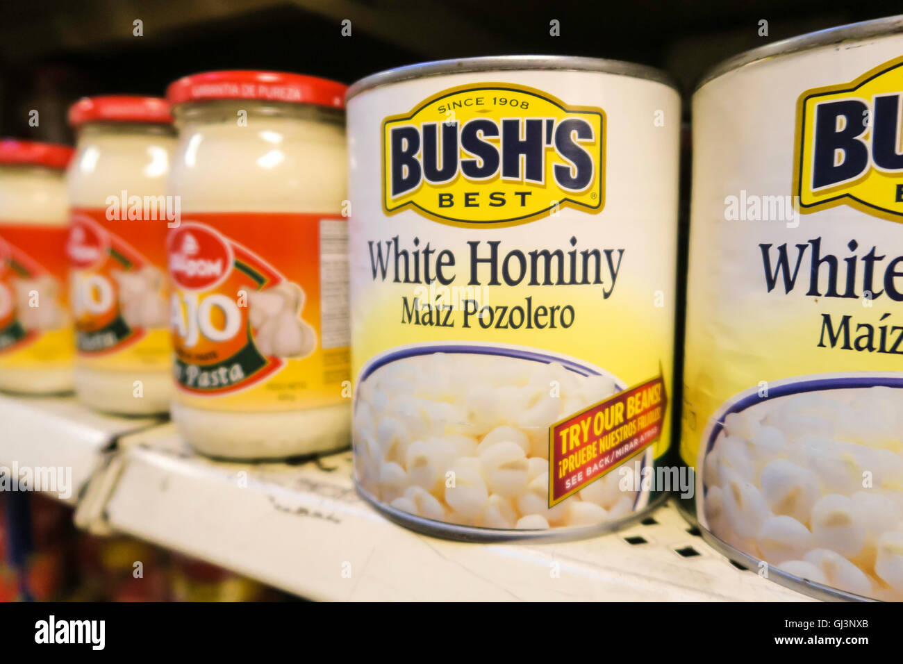 Cans of Bush's Brand White Hominy, Essex Street Market, NYC Stock Photo ...