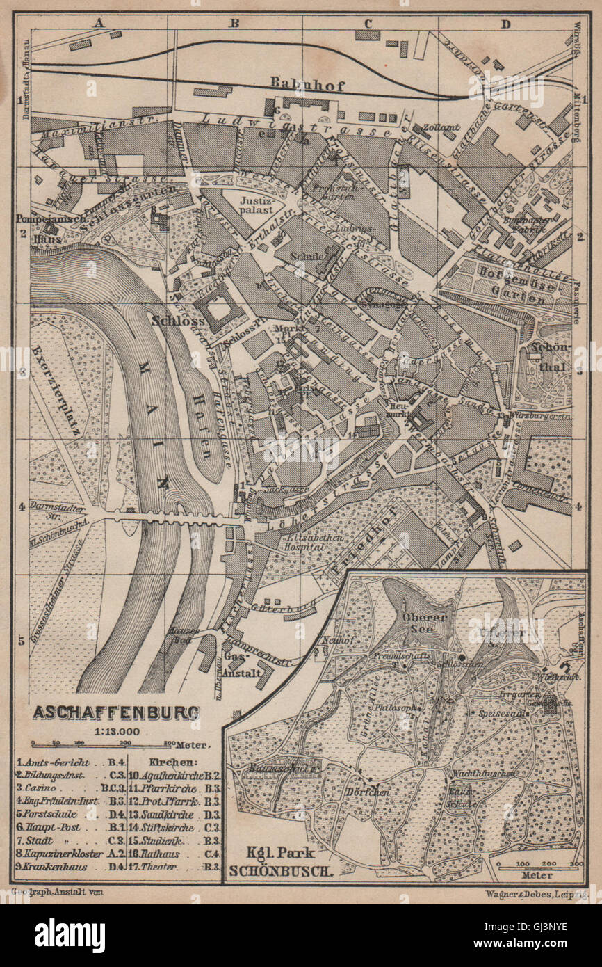 ASCHAFFENBURG antique town city stadtplan. Schönbusch. Bavaria karte ...