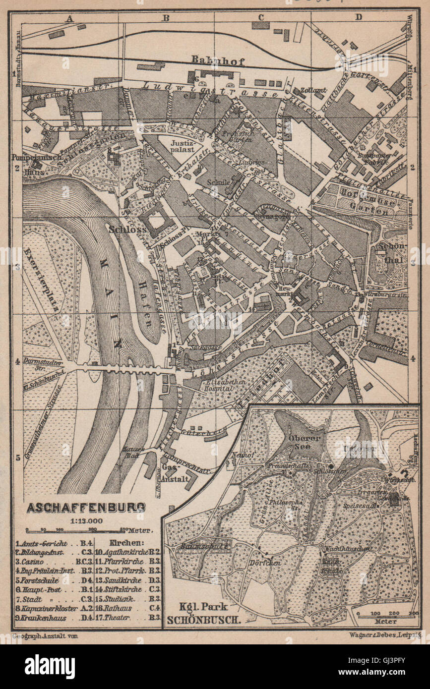 ASCHAFFENBURG antique town city stadtplan. Schönbusch. Bavaria karte ...